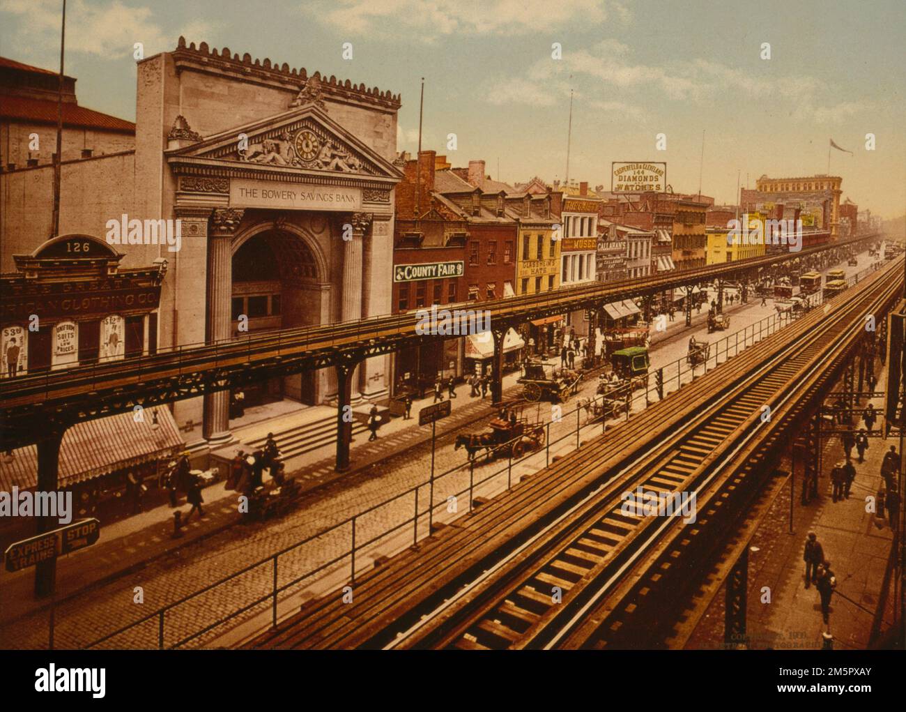 The Bowery, New York City, USA, c 1900, elevated railroads, commercial ...