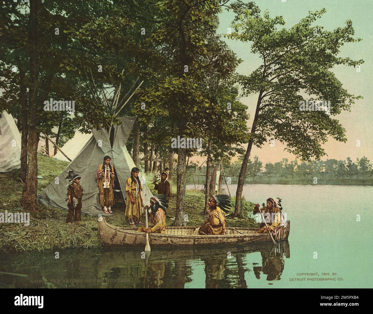 The return of the hunters - native americans in a canot, outside tipis ...
