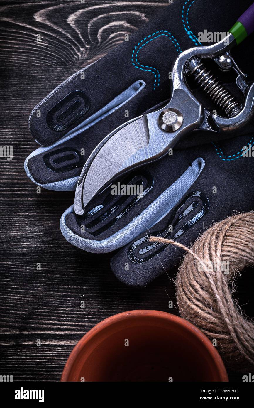 Set of safety glove secateurs peat pot hank of rope Stock Photo - Alamy