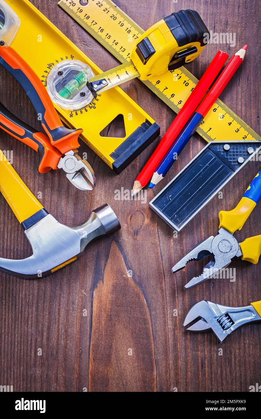 square ruller helmet hammer nippers pliers wrench tapeline pencils o ...