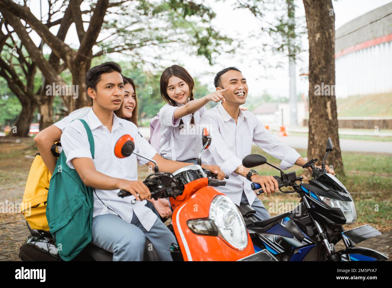 Four students riding motorbikes on the road Stock Photo - Alamy