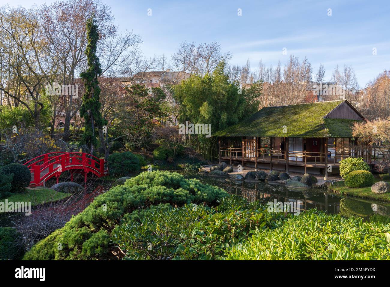 Landscape view of the Pierre Baudis japanese garden with traditional ...