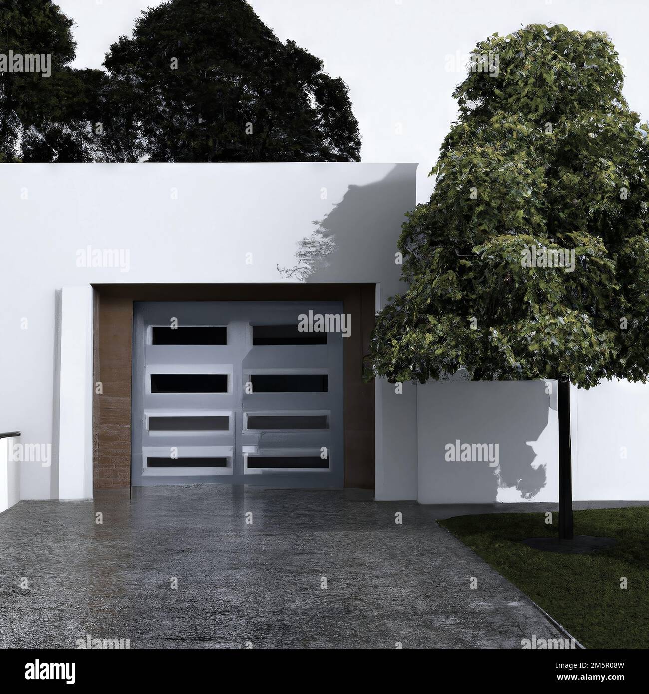 Abstract illustration of gate of a boring modern minimalist house with ...