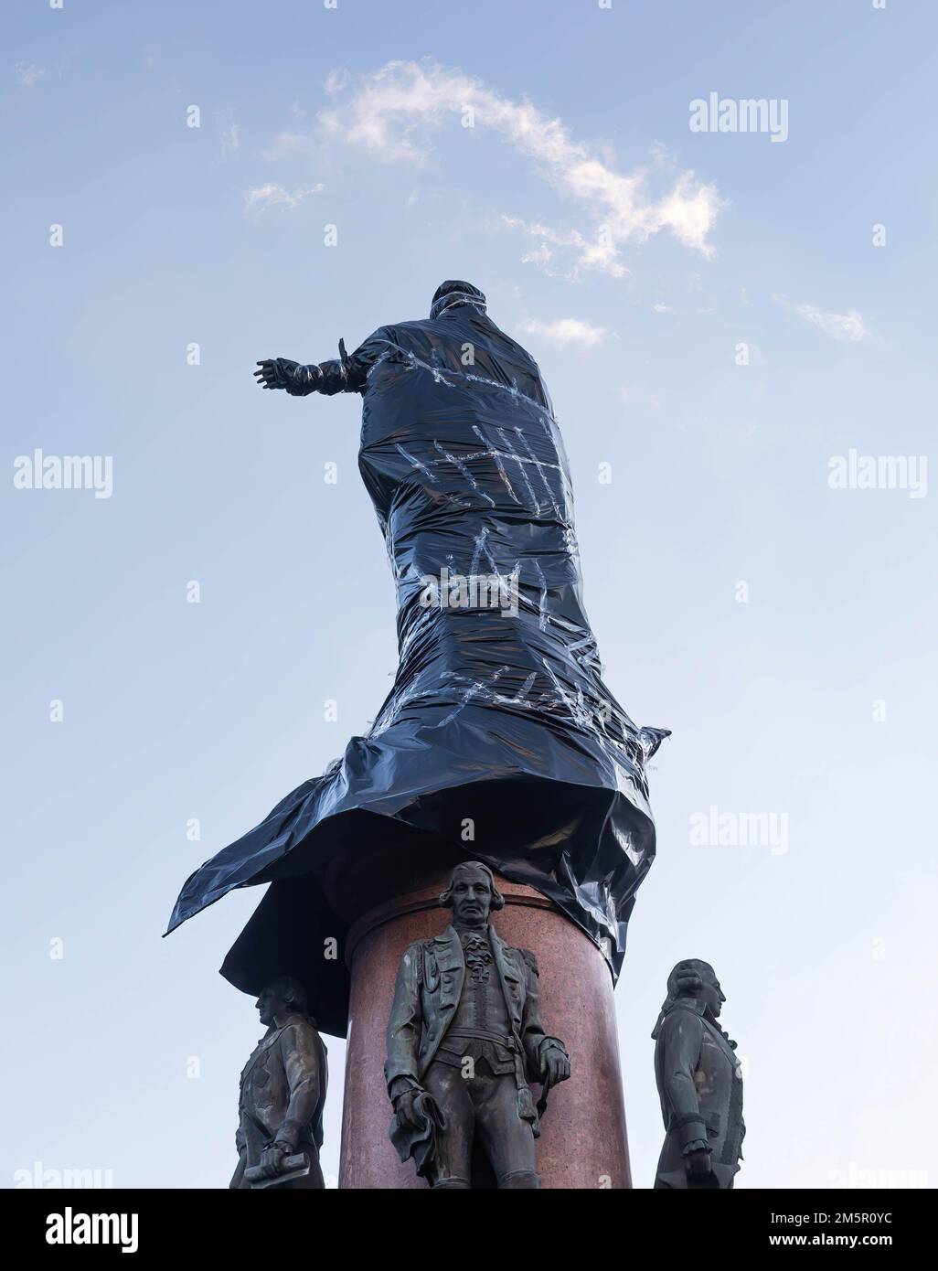 Monument to the Russian Empress Catherine II covered with a protective ...
