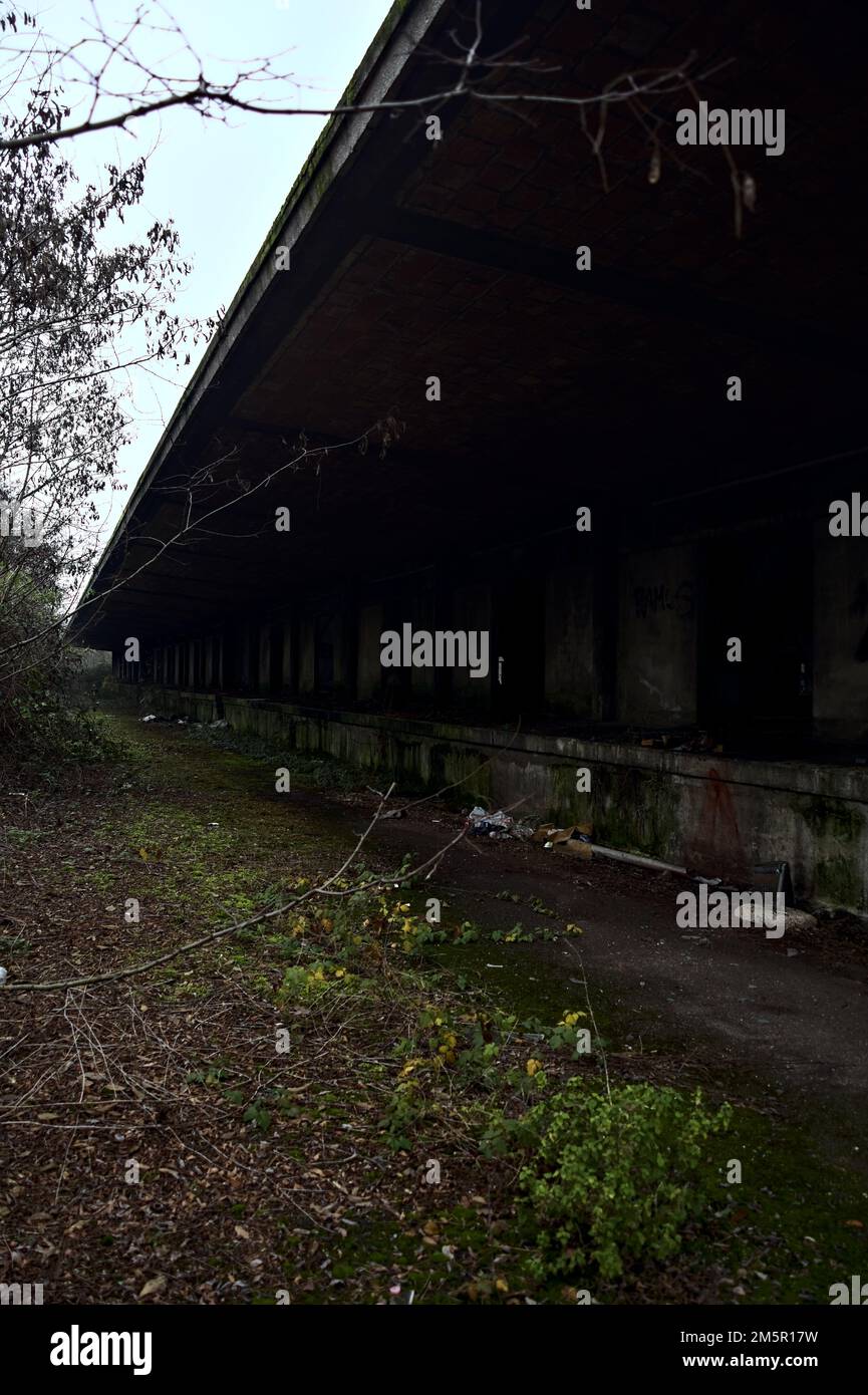 Porch on the outside of an abandoned warehouse on a cloudy day Stock ...