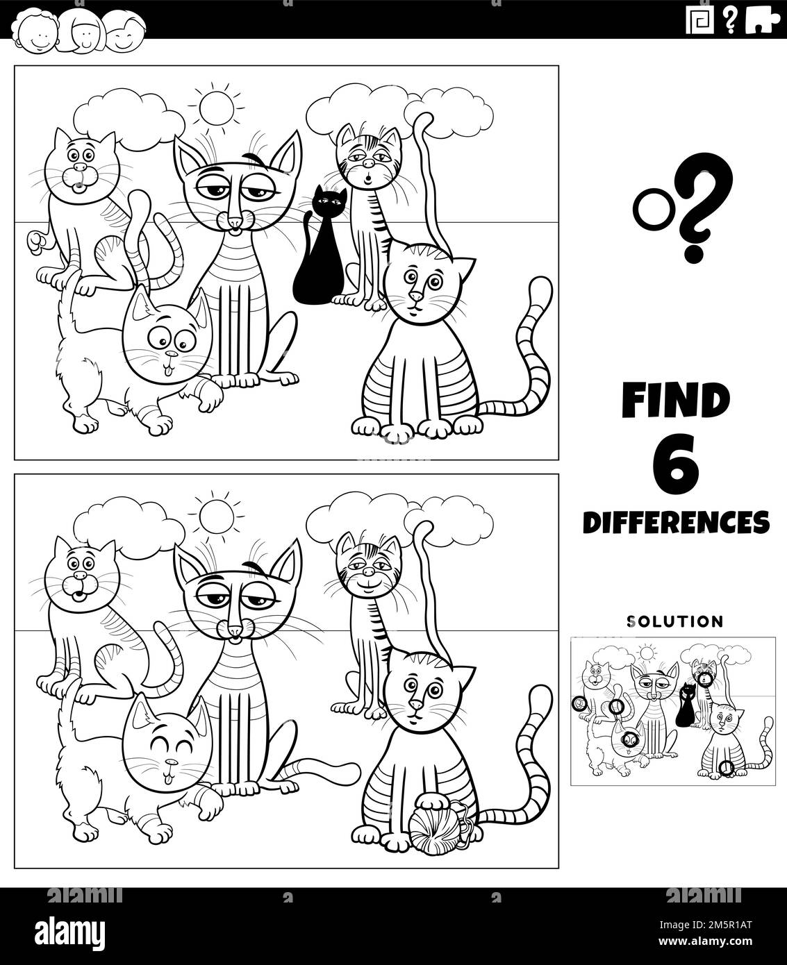 Black and white cartoon illustration of finding the differences between ...