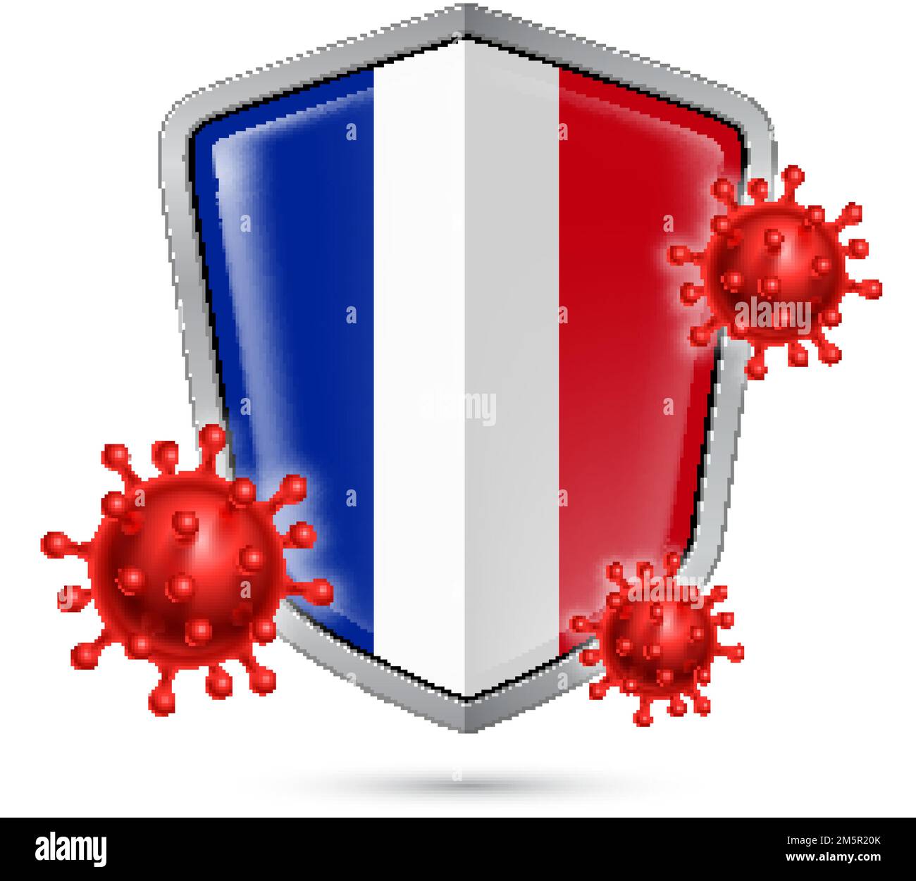 Flag of France on Metal Shiny Shield Icon and Red Corona Virus Cells ...