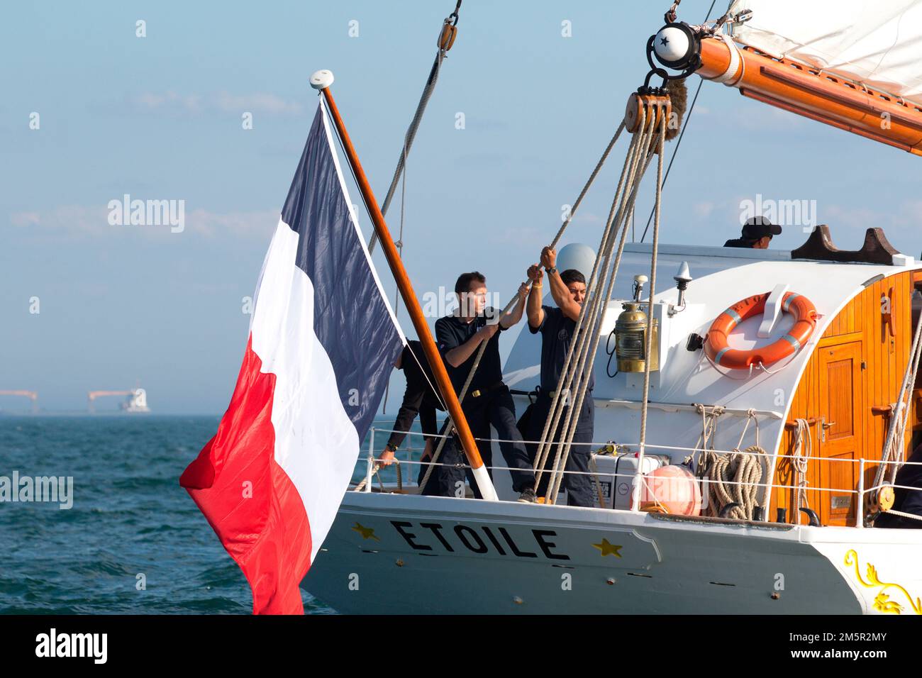 crew at work on French Navy schooner Etoile, Sunderland race start ...