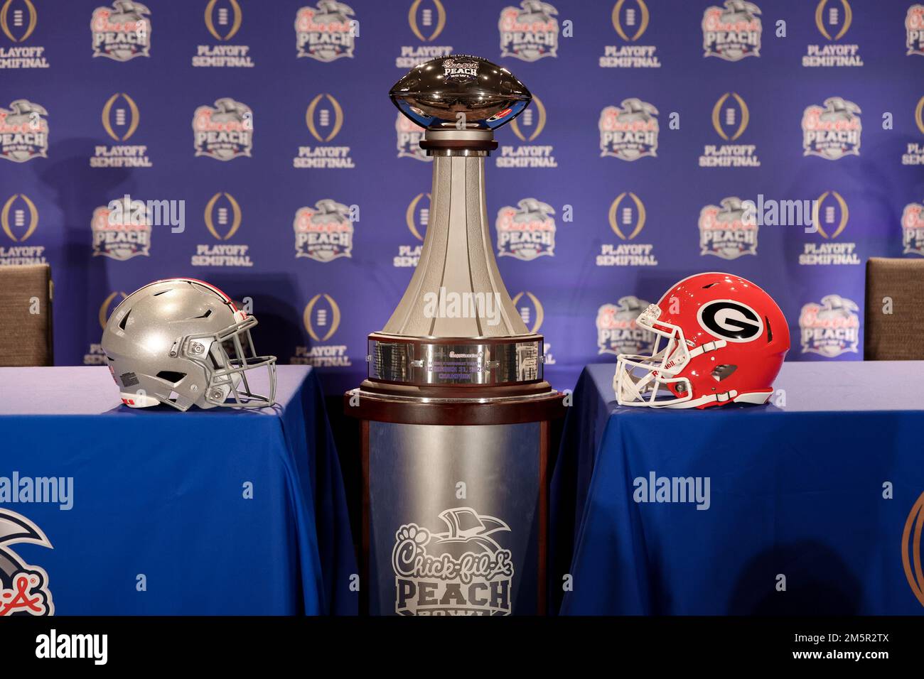 Atlanta, Georgia, USA. 30th Dec, 2022. Peach Bowl trophy and team ...