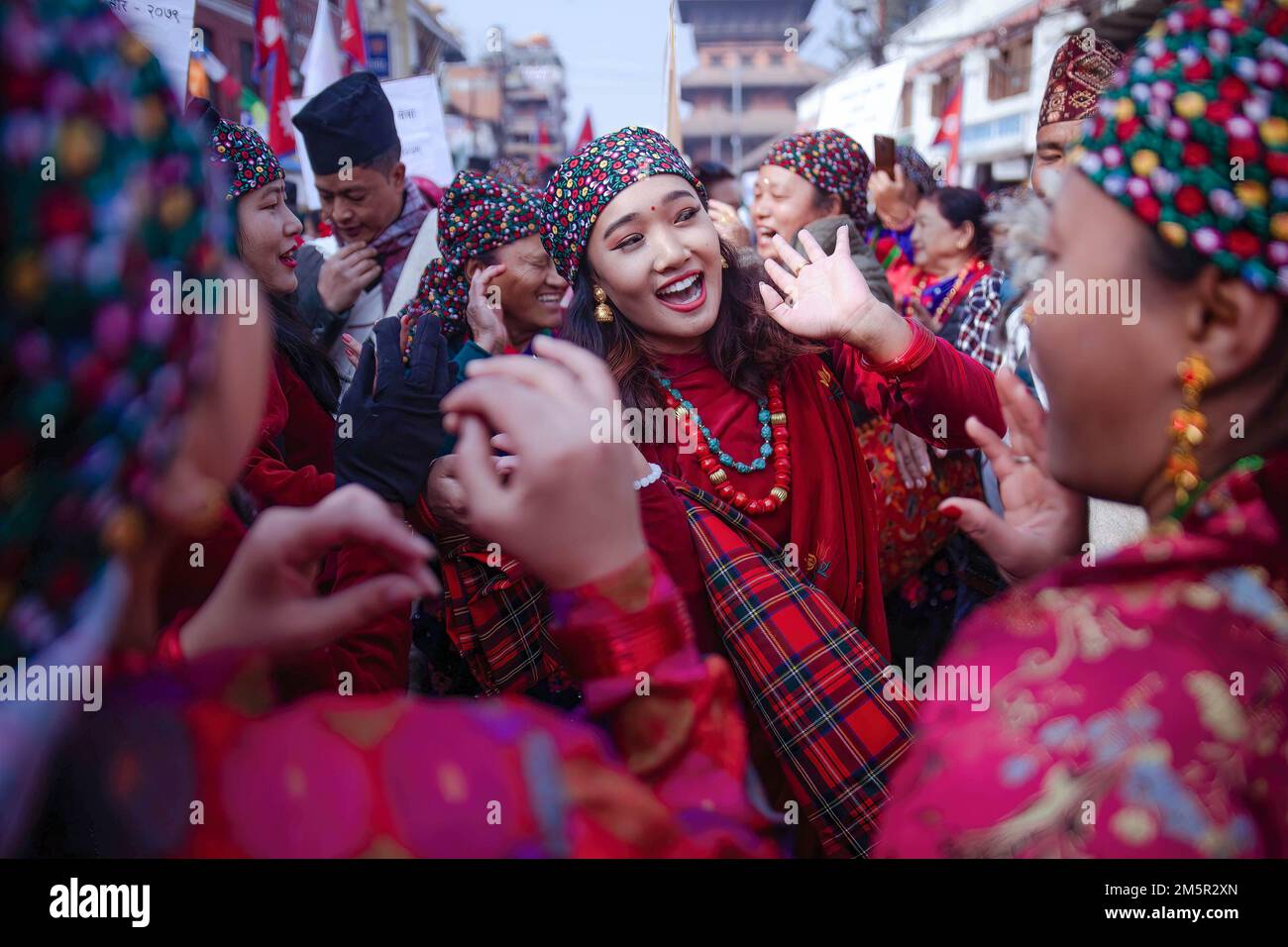 People of the Gurung community wearing traditional attire are seen ...