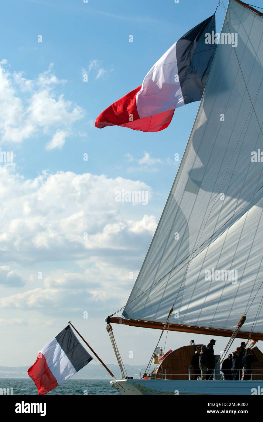 French flag on French Navy schooner Etoile, Sunderland race start, 2018 ...