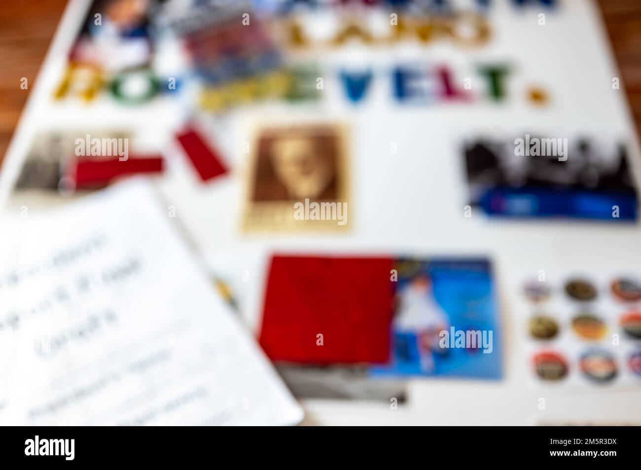 Defocused school book report poster board with pictures and text ...