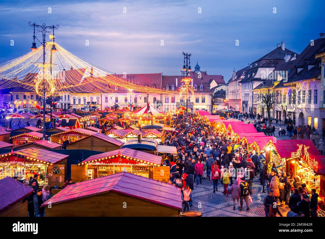 Sibiu, Romania - December 2018. Twilight image with the most famous ...