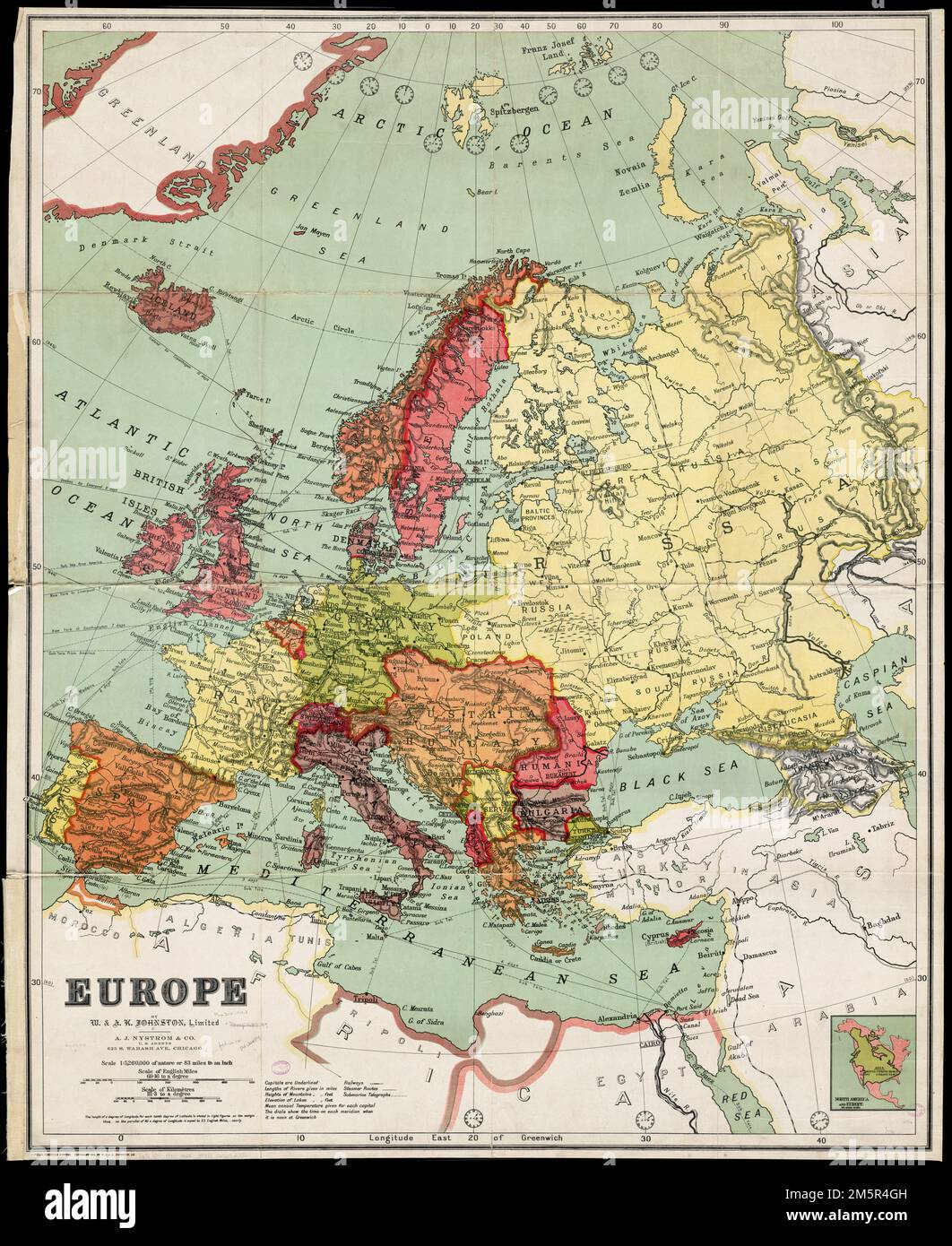 Europe. Relief shown by hachures and spot heights. Inset: North America ...