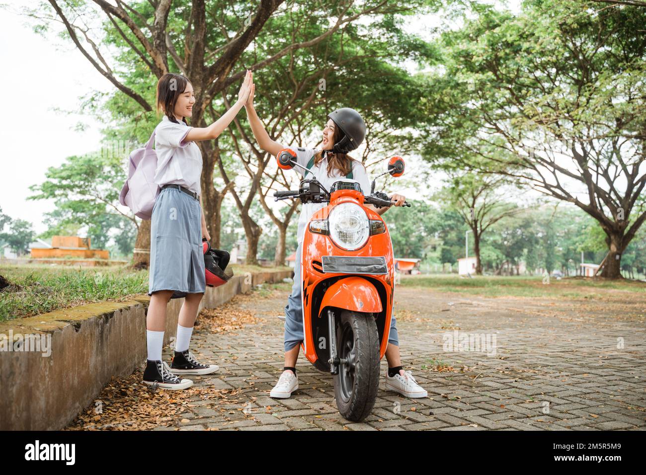 Two friends clapping hands while riding a motorbike Stock Photo - Alamy