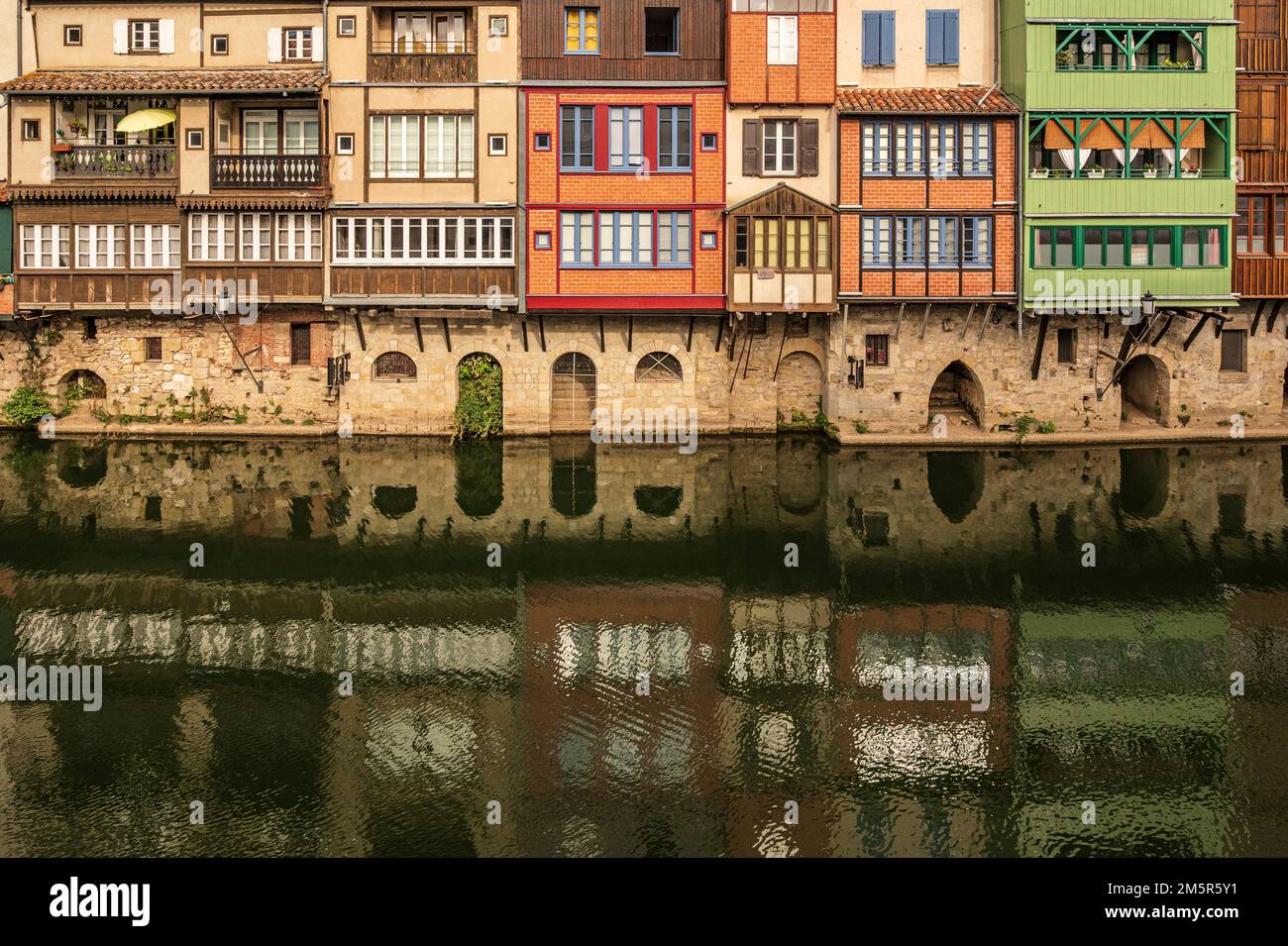 Detail of the traditional houses bordering the Agout river in Castres ...