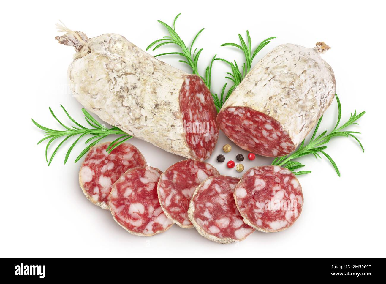 Cured salami sausage slices isolated on white background. Italian cuisine with full depth of ...