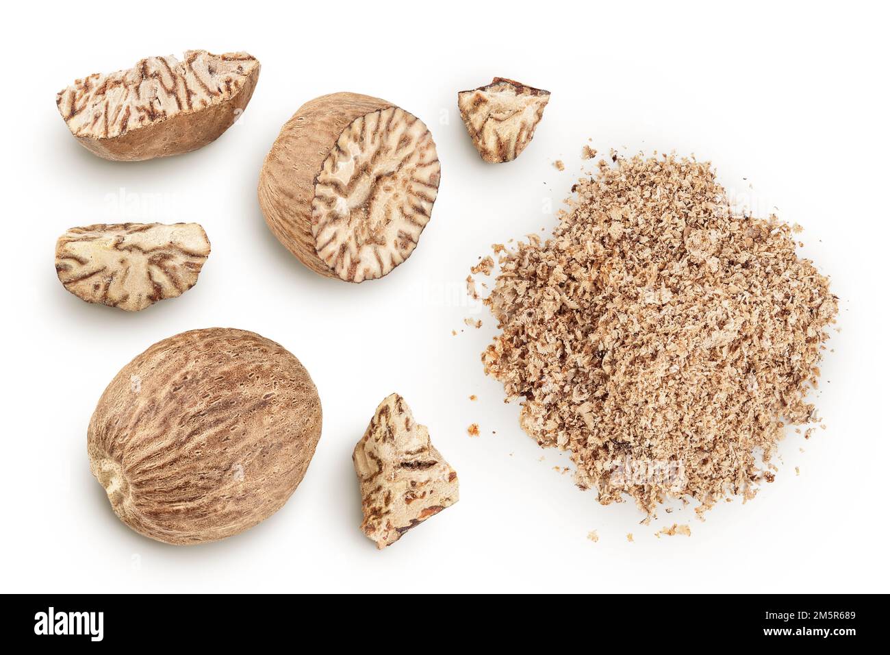Whole and grated nutmeg isolated on white background with full depth of ...