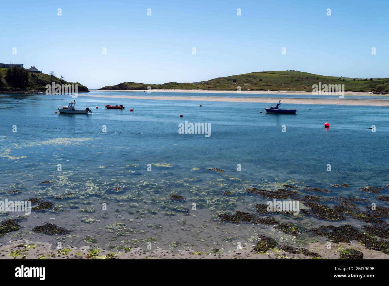 Three small boats are anchored in Clonakilty Bay on a sunny spring day ...
