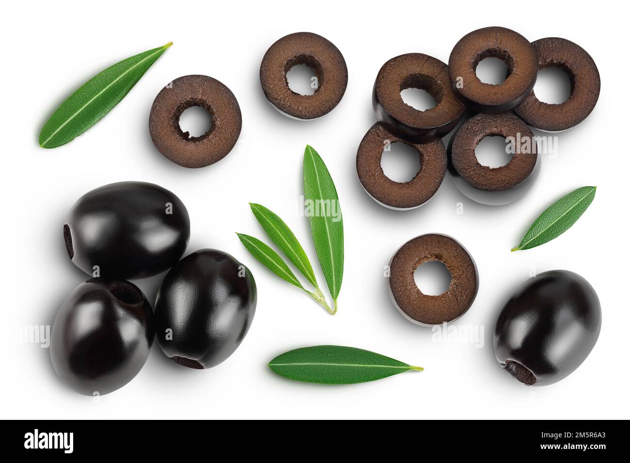 Black olives with leaves isolated on a white background with full depth ...