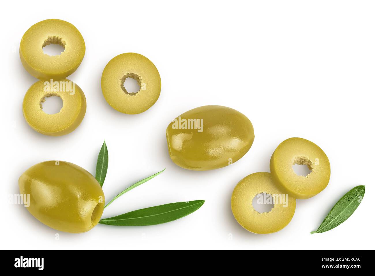 Green olives with leaves isolated on a white background with full depth ...