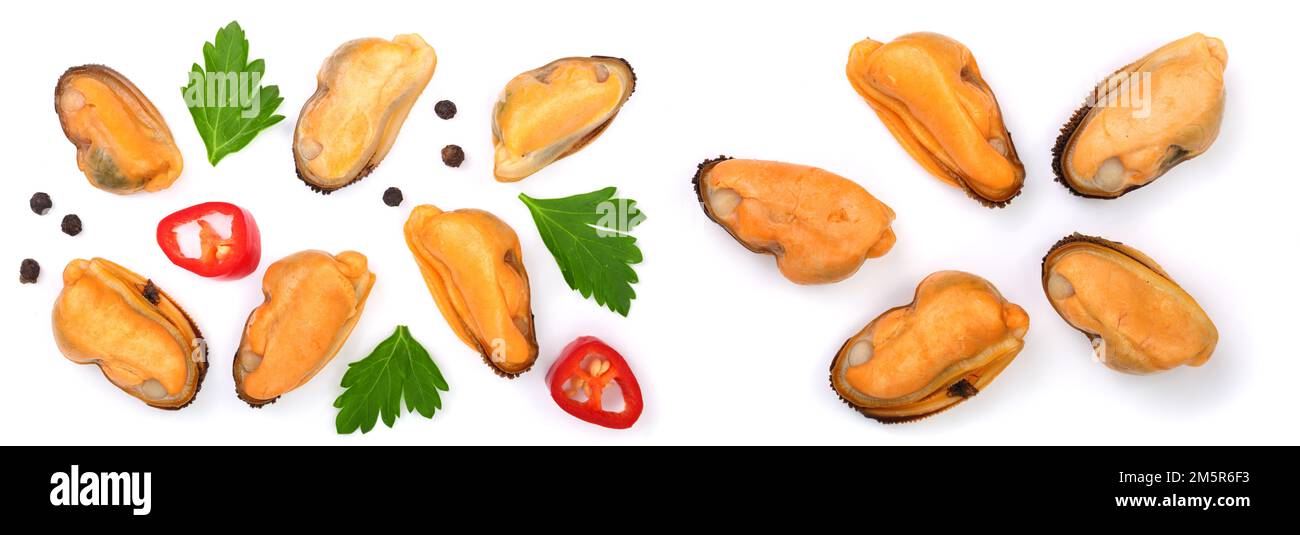 mussels with parsley and peppercorns isolated on white background. Top ...