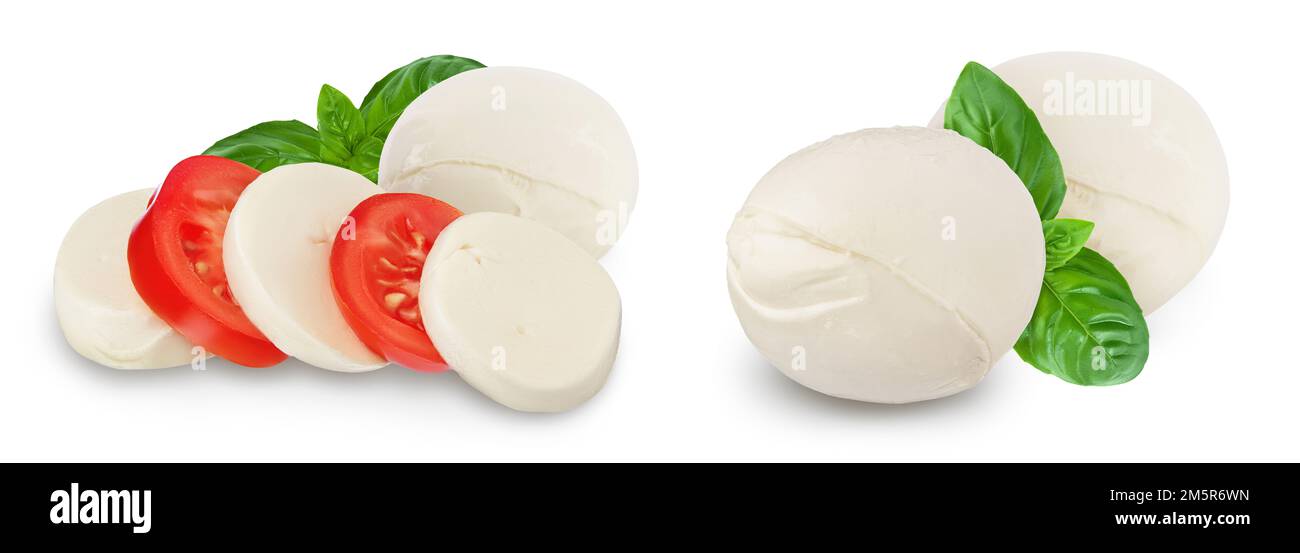 Mozzarella cheese sliced with tomato isolated on white background with ...