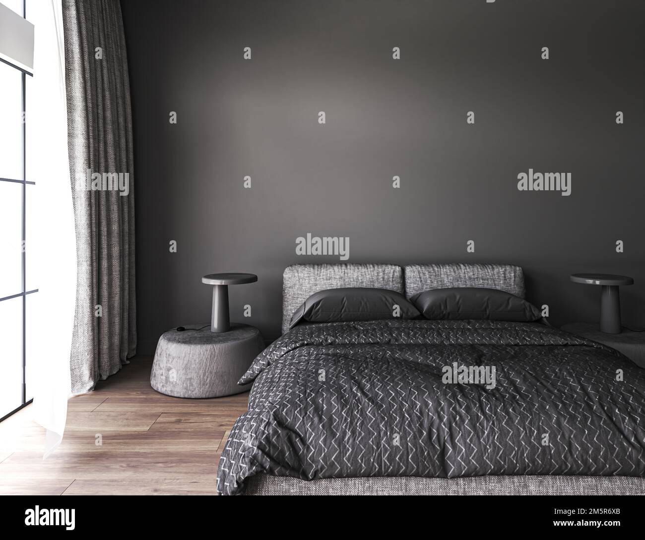 Black modern minimalism interior of stylish master bedroom with wooden ...