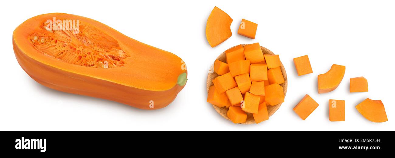 butternut squash slice in wooden bowl isolated on white background ...