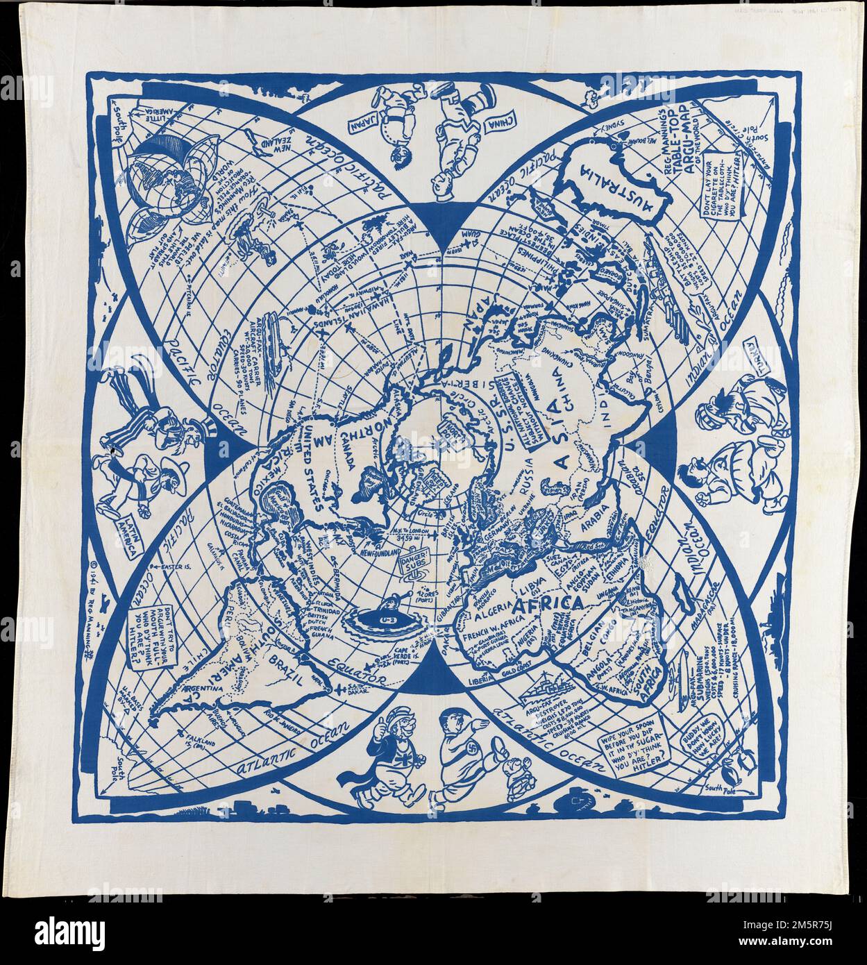 Reg Manning's table-top argu-map of the world. Printed in blue on white ...