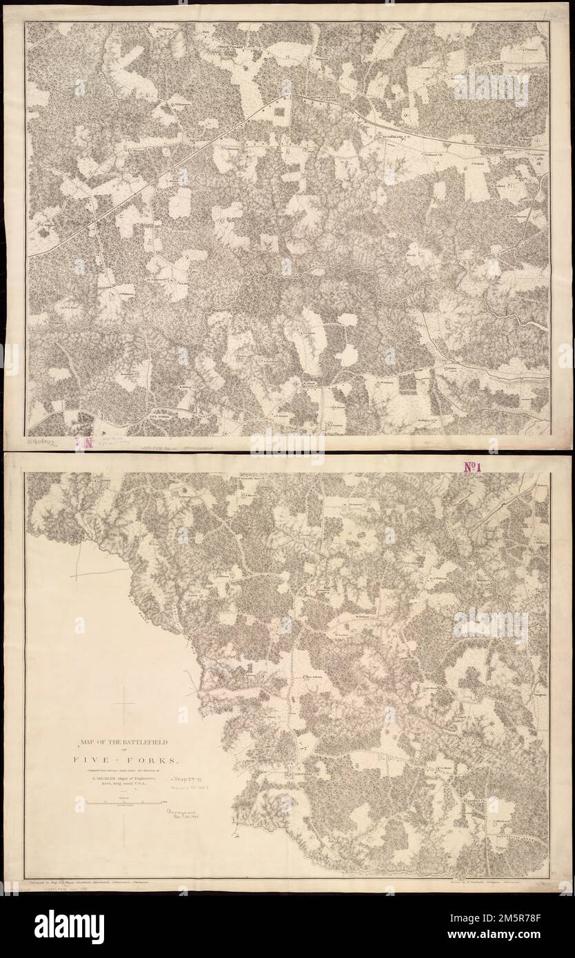 Map of the battlefield of Five-Forks. Shows entrenchments, villages ...
