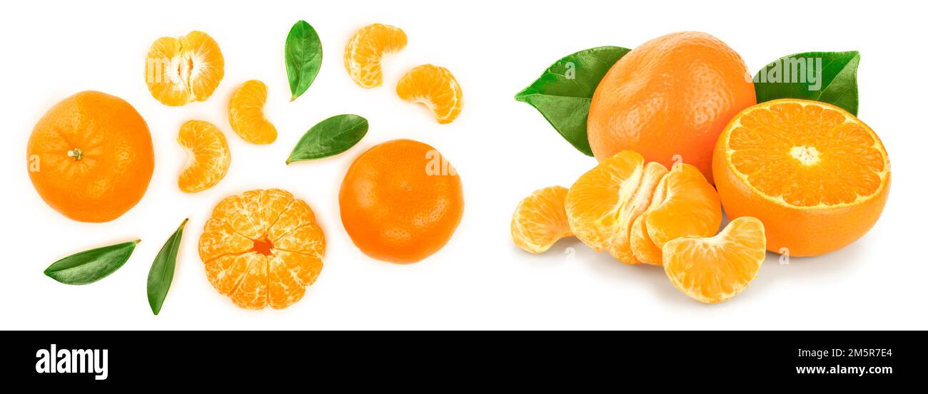 tangerine or mandarin with leaves isolated on white background. Top ...