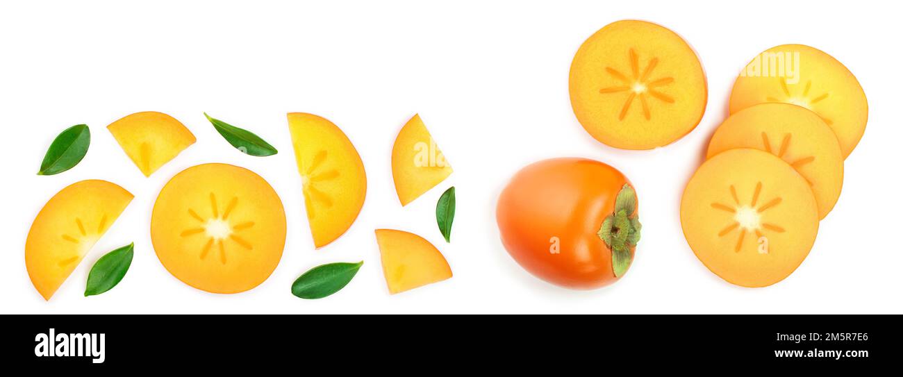 persimmon slice with leaves isolated on white background with copy ...