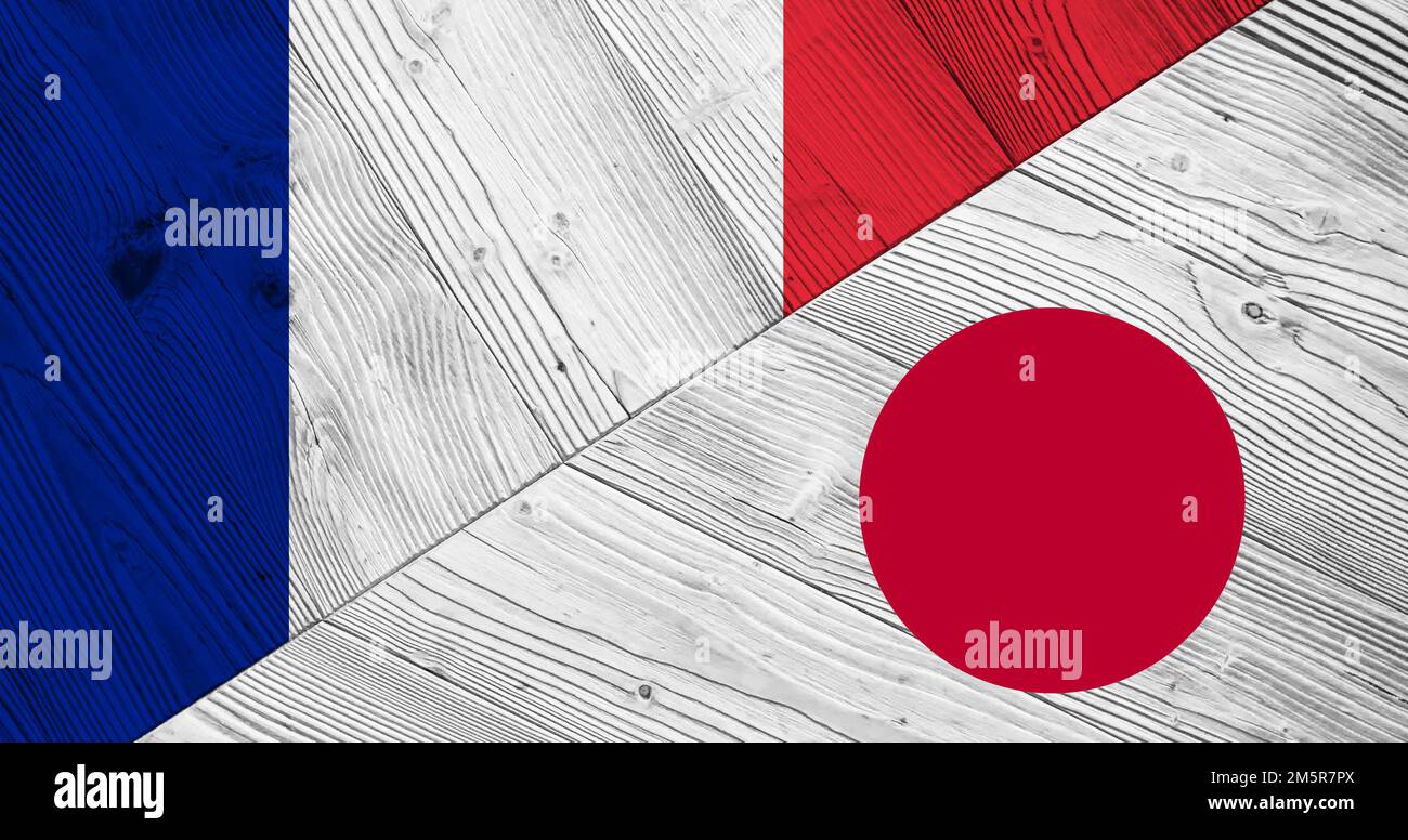 Background with flag of France and Japan on divided wooden board. 3d ...