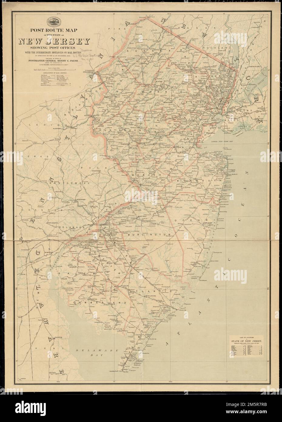 Post route map of the state of New Jersey showing post offices with the ...