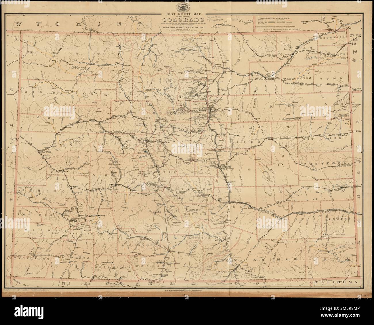 Post route map of the State of Colorado showing post offices with the ...