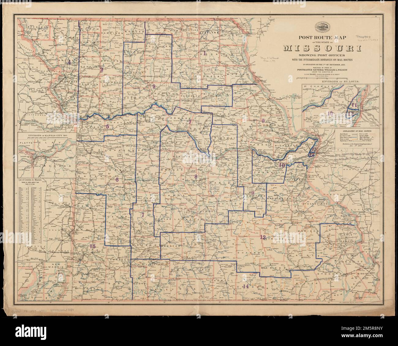 Post route map of the State of Missouri showing post offices with the ...