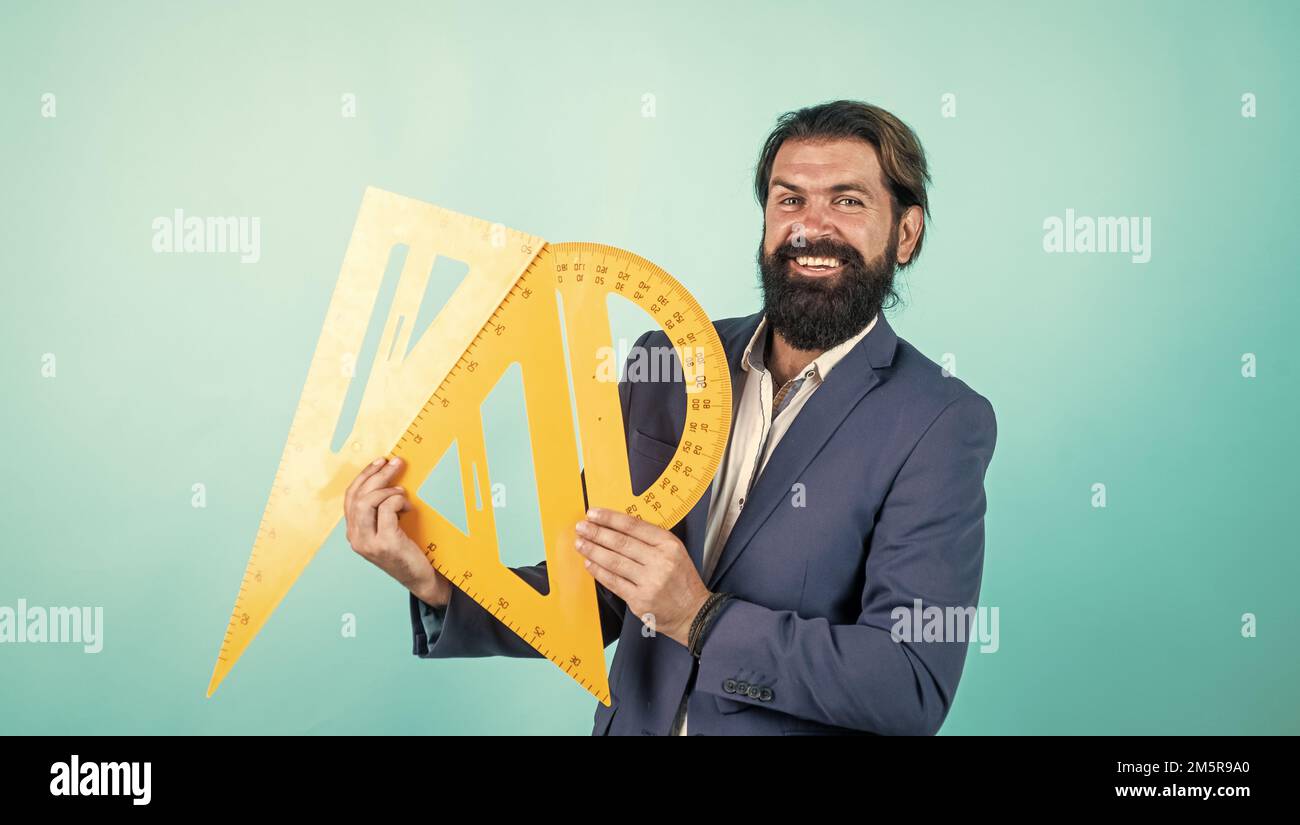 happy math teacher use protractor and triangle tool, school education ...