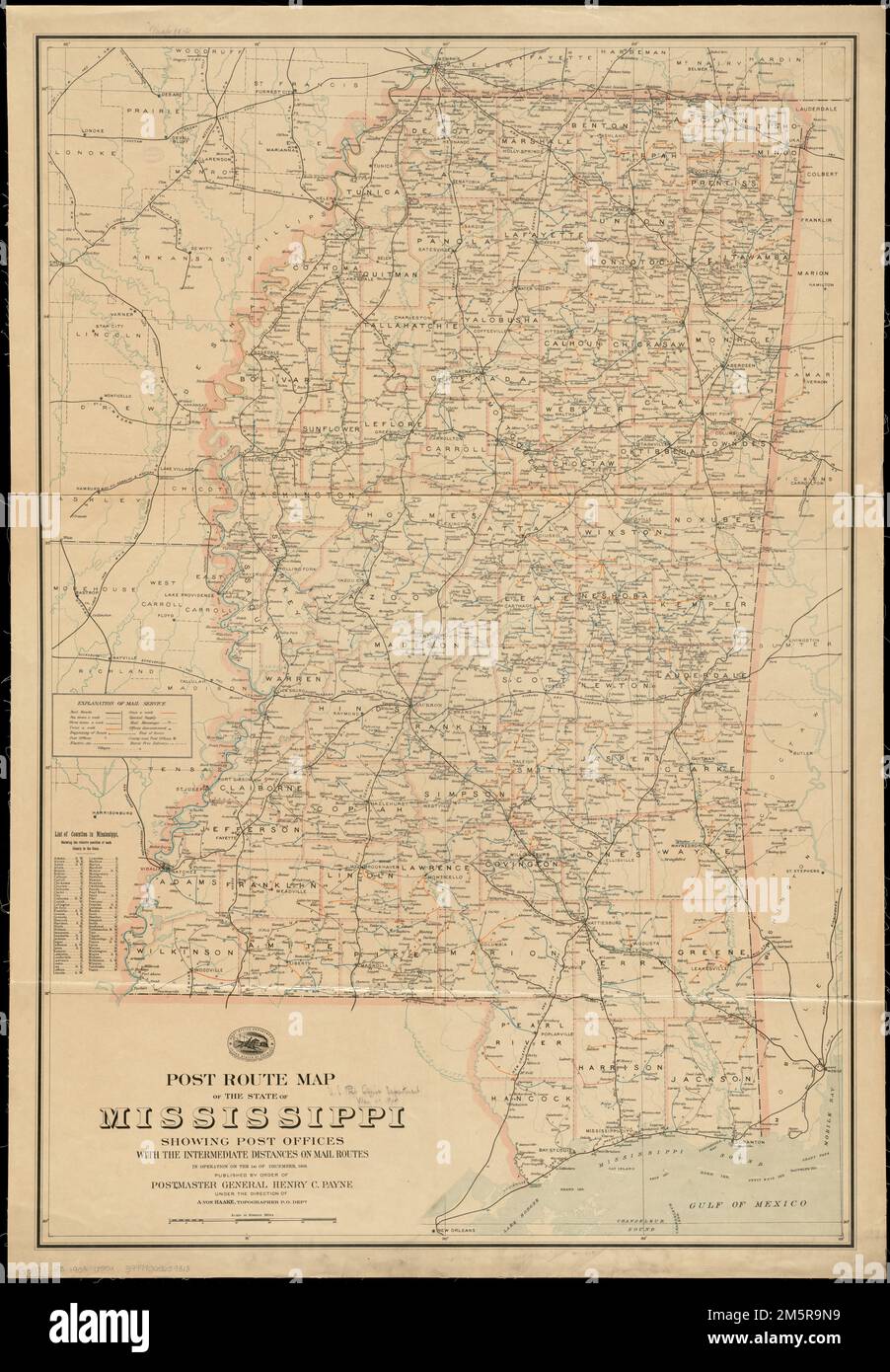 Post route map of the state of Mississippi showing post offices with ...