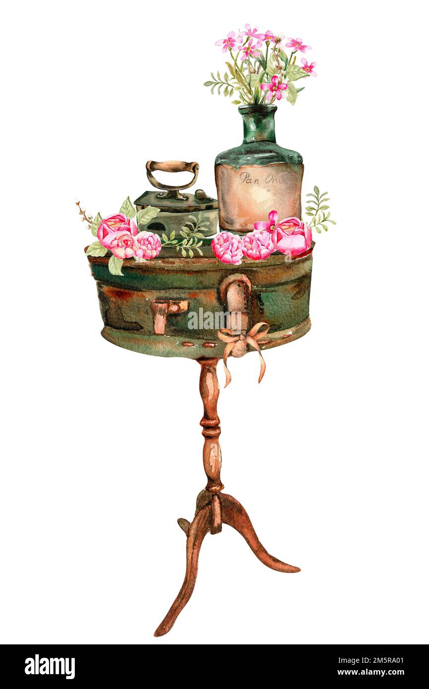 Watercolor illustration of rusty element with roses. An old rusty ...