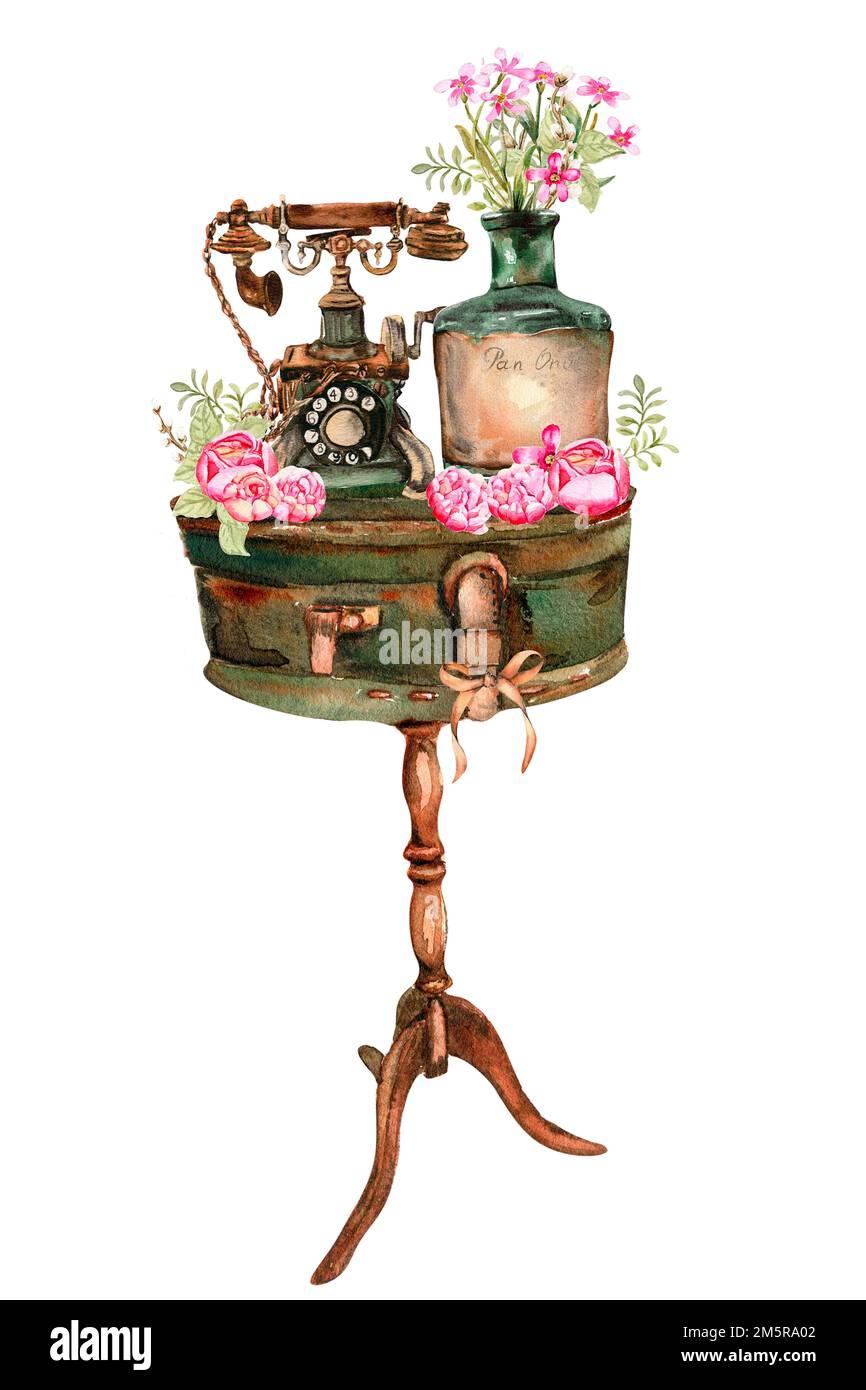 Watercolor illustration of rusty element with roses. An old rusty ...