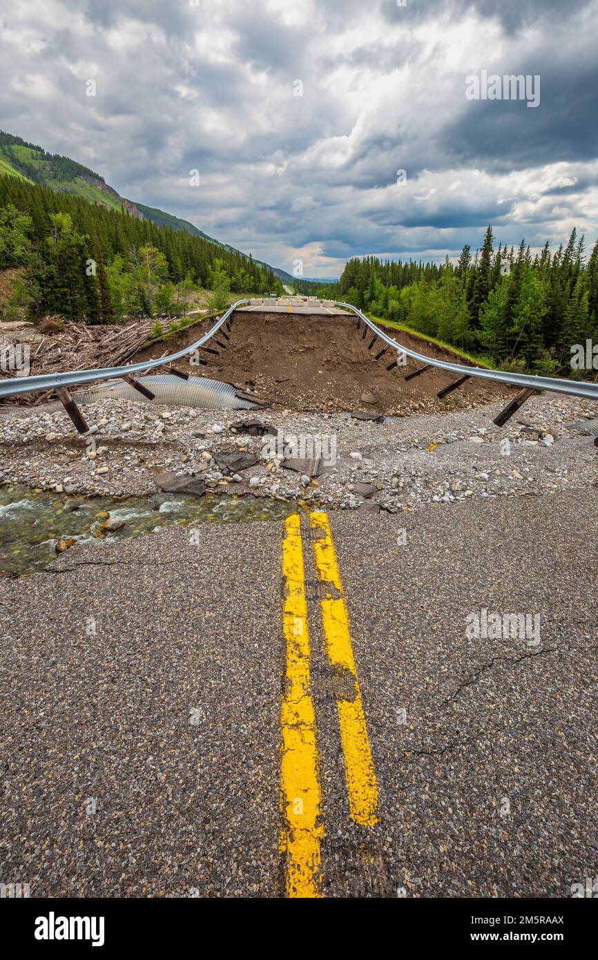 A section of Highway 40 in southern Alberta is washed away by a severe ...