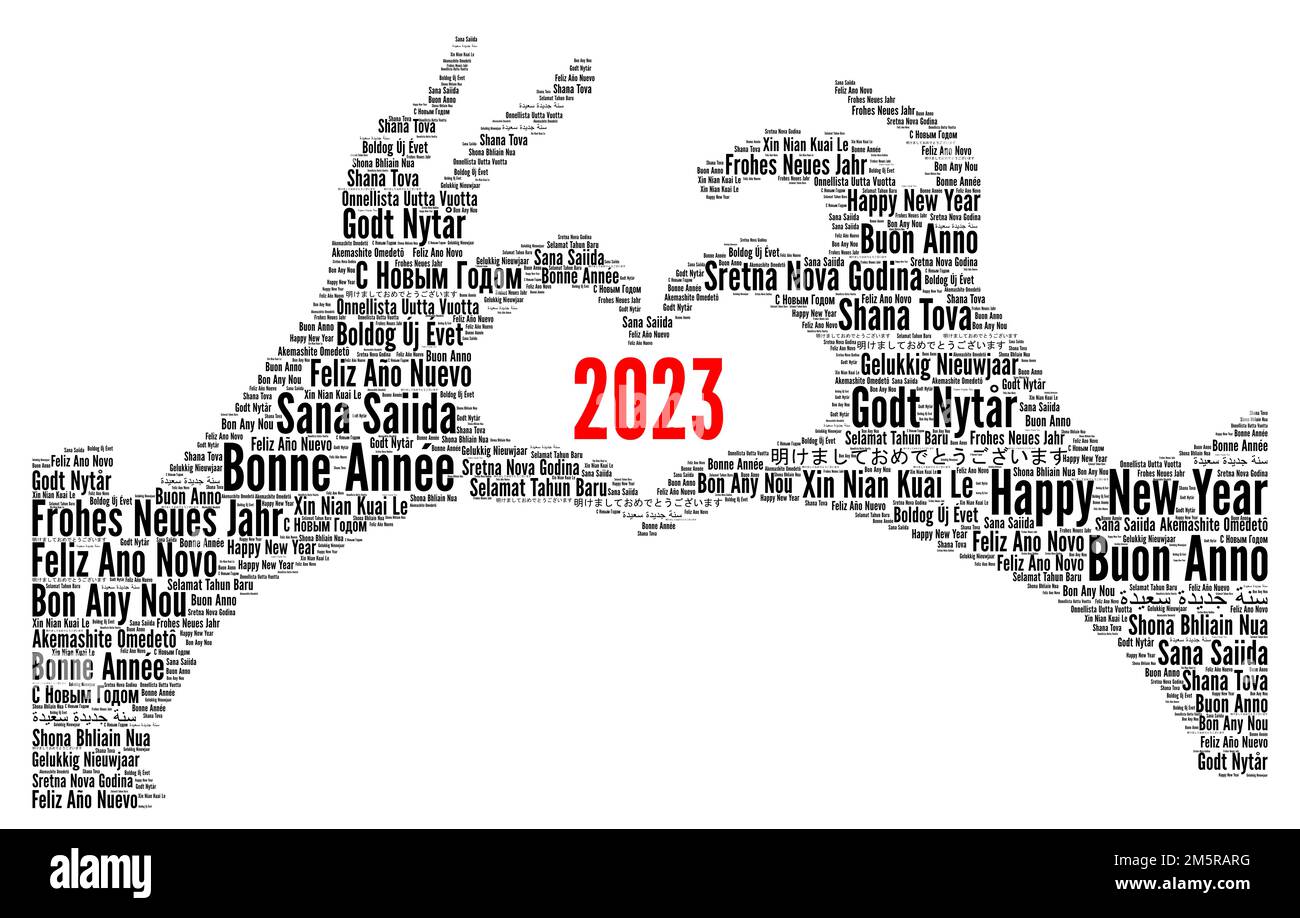 Happy New Year 2023 word cloud in different languages Stock Photo - Alamy