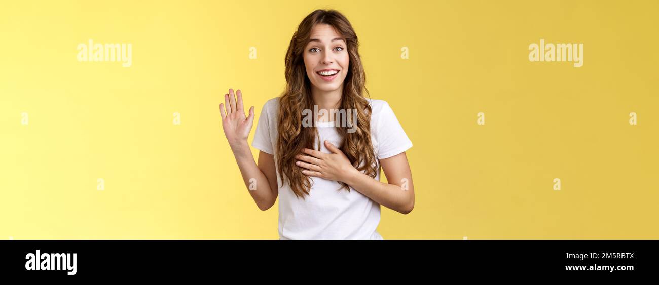 Girl introduce herself friendly joyful casual conversation smiling ...