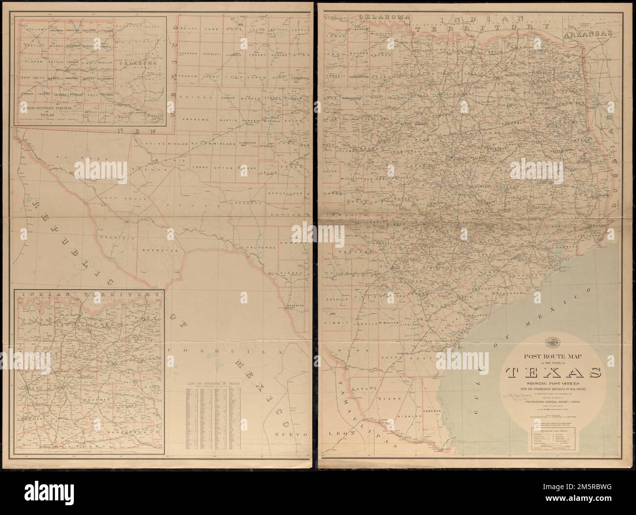 Post route map of the state of Texas showing post offices with the ...