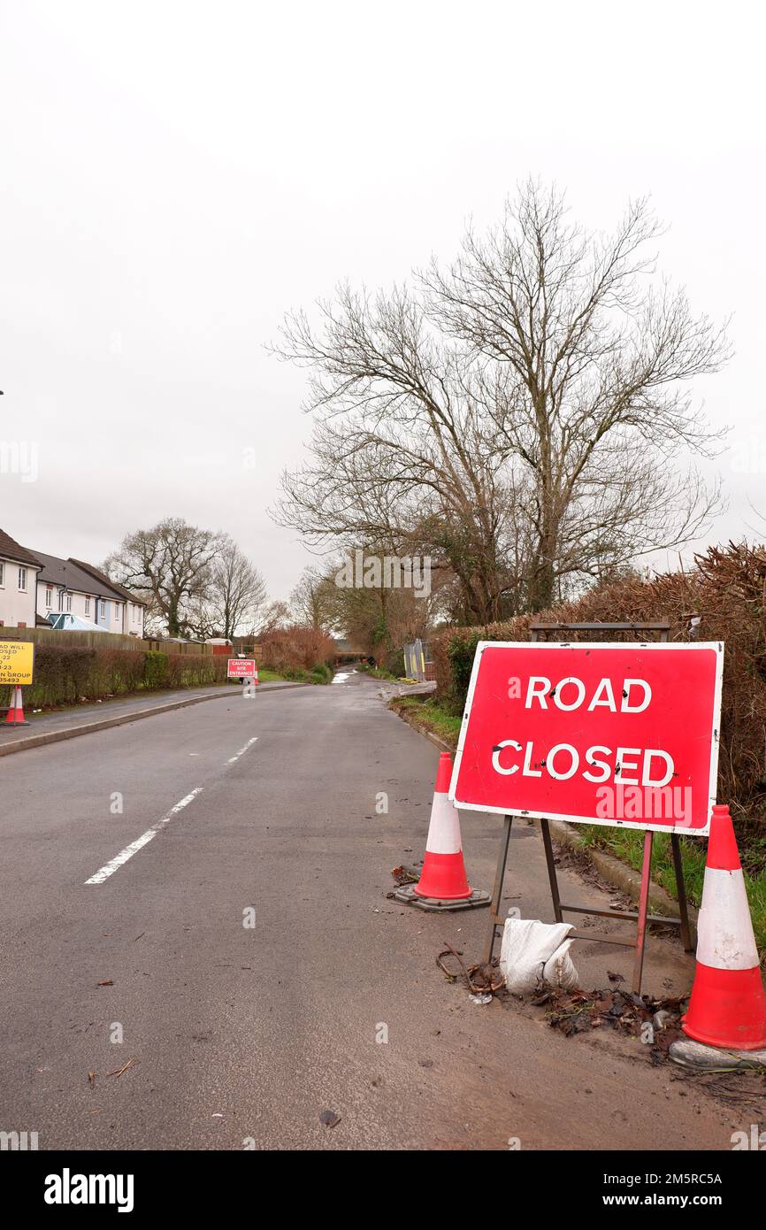 December 2022 - Road closed highway signs on a rural lane in the ...