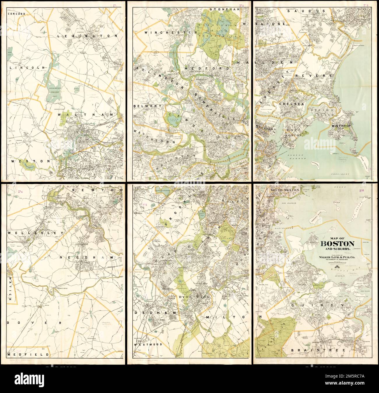 Map of Boston and suburbs. Recreation areas shown in green ...