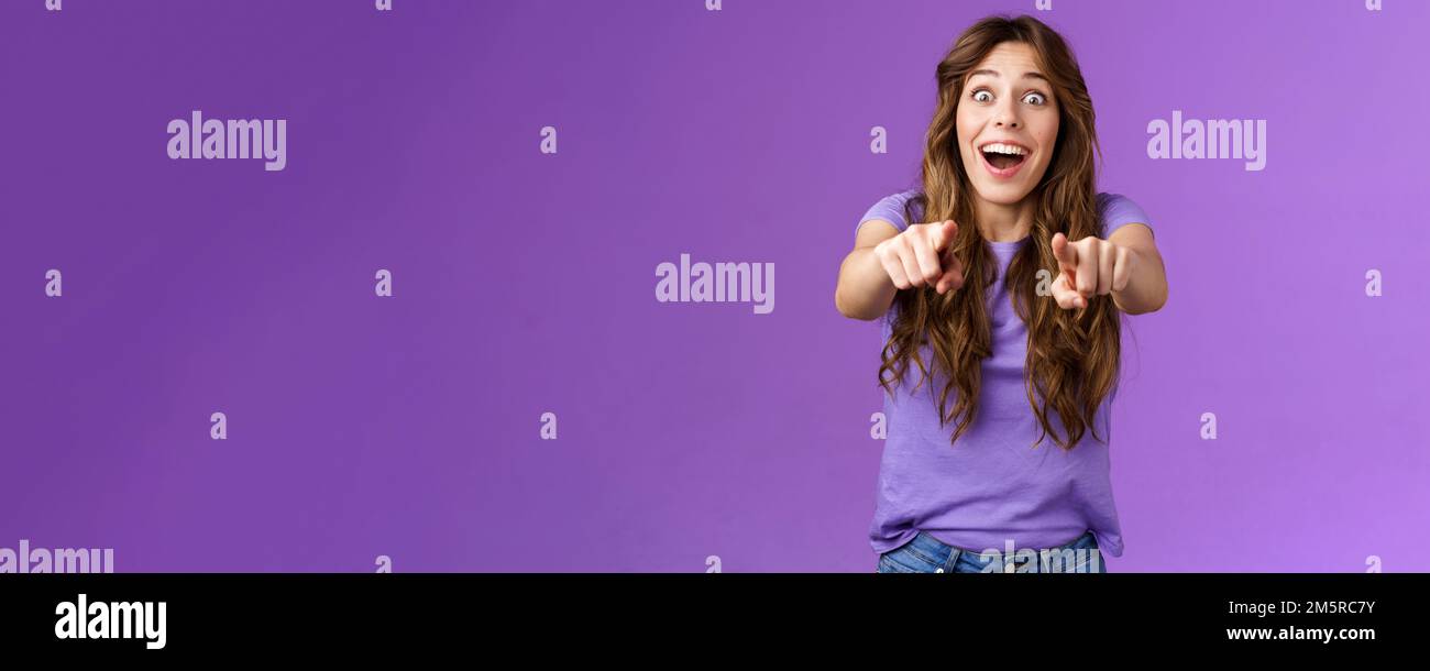 Omg its you. Surprised girl fan cheering joyfully gazing camera popping ...