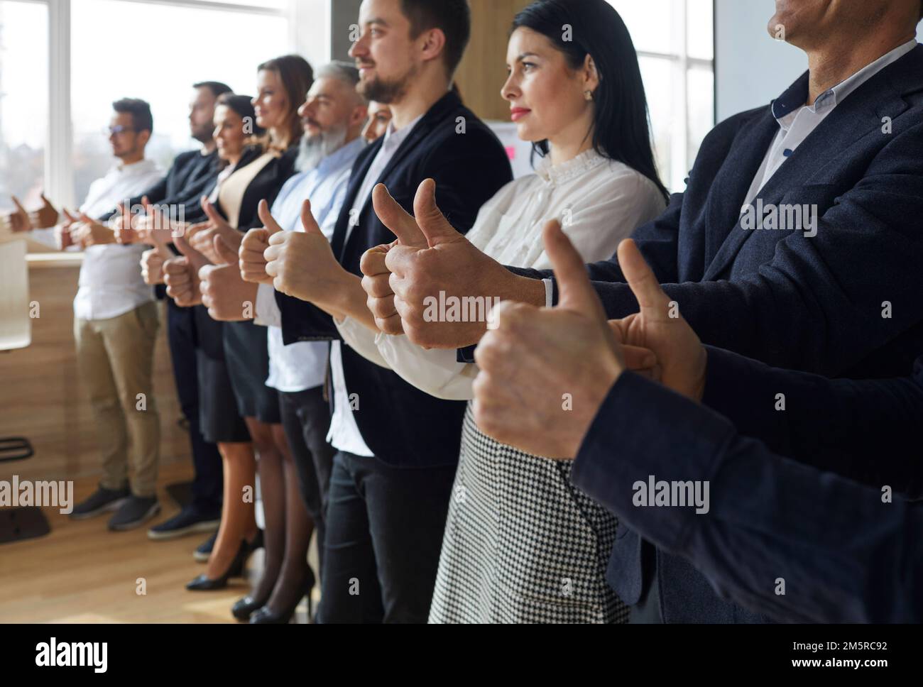 Team of happy people sharing feedback on business training class and ...