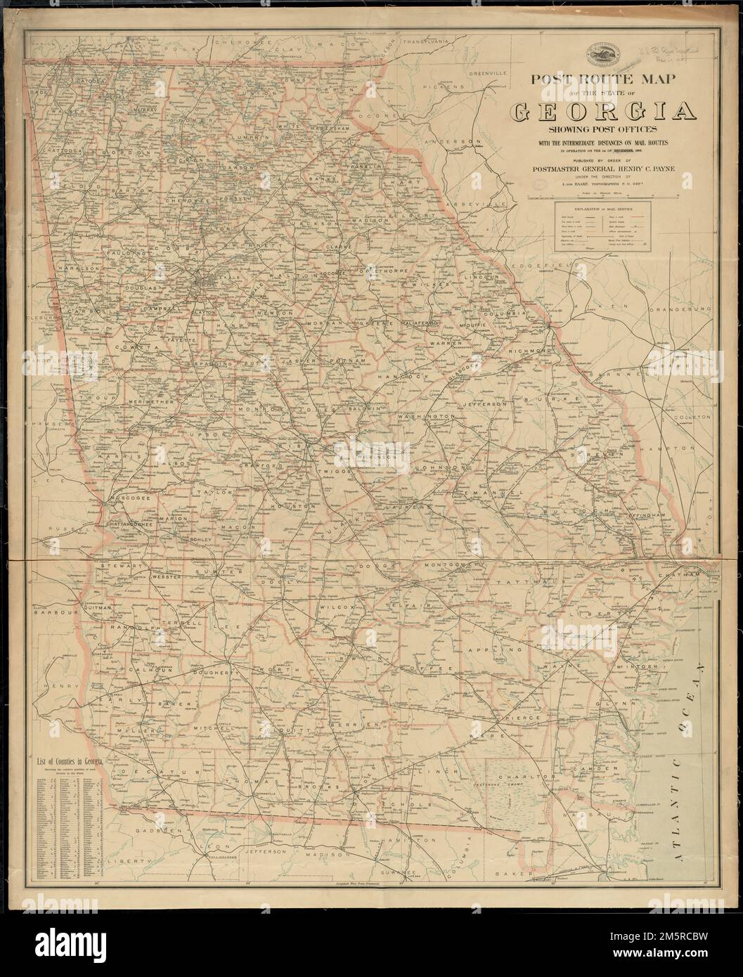 Post route map of the state of Georgia showing post offices with the ...